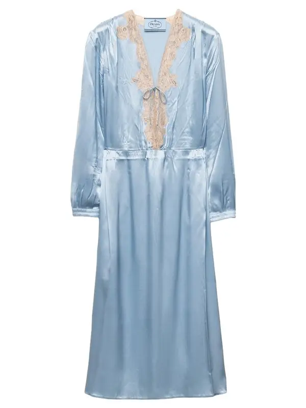 Prada Long-sleeved Lace-trimmed Satin Dress - Lake Blue