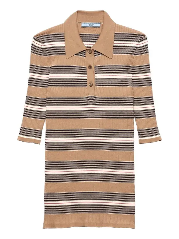 Prada Striped Knit Polo Shirt - Camel Brown