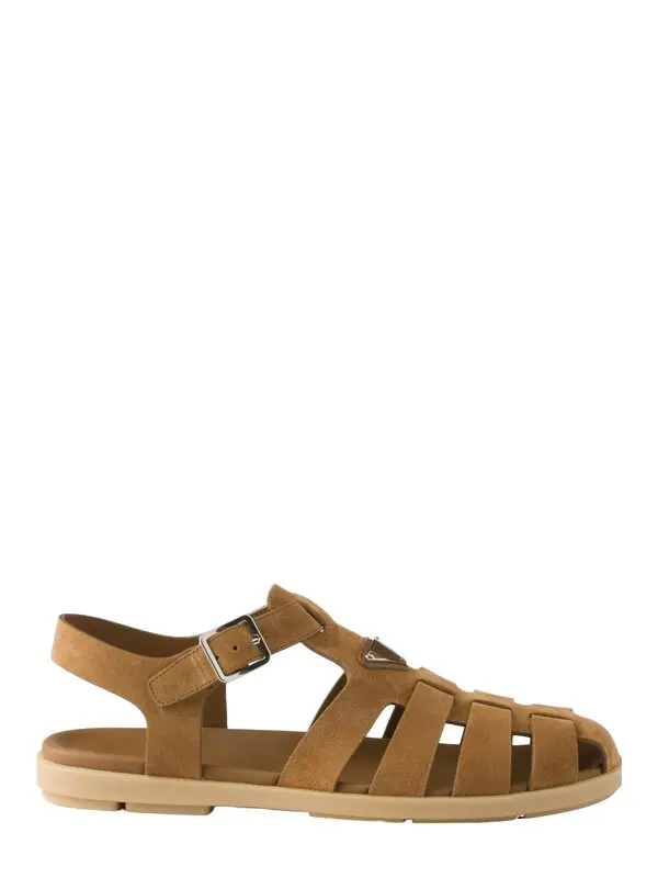 Prada Suede Fisherman Sandals With Enamelled Triangle Logo - Cinnamon