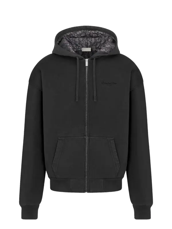 Dior Zip-up Drawstring Hoodie With Tonal Oblique Print - Dark Gray