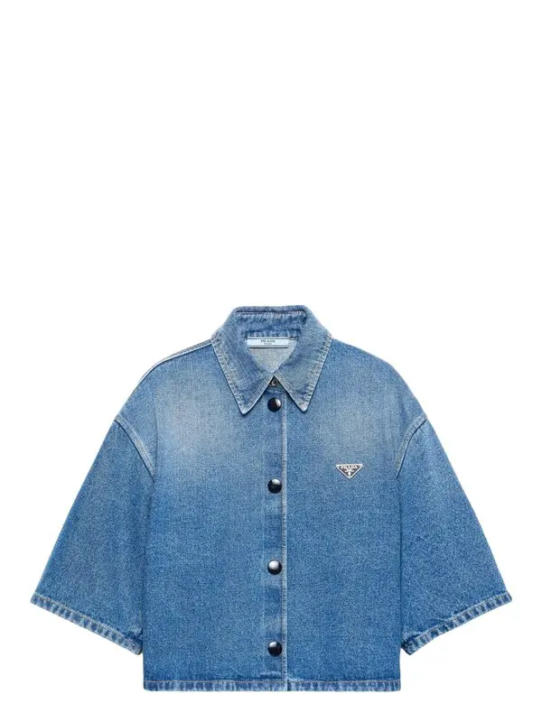 Prada Cropped Denim Shirt With Snap Button Closure - Light Blue
