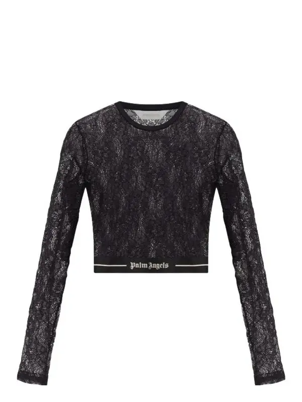 Palm Angels Lace Panel Long Sleeve Cropped Top - Black