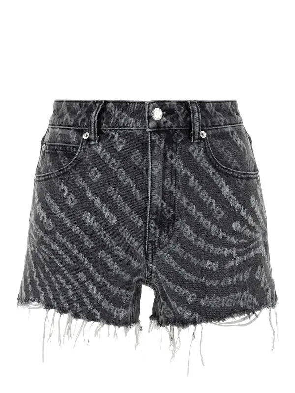 Alexander Wang High-waisted Denim Shorts With Logo Print And Distressed Hem - Black