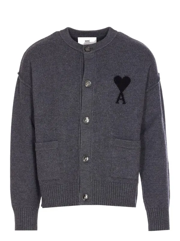 Ami Crewneck Buttoned Cardigan With Embroidered De Coeur Logo - Black