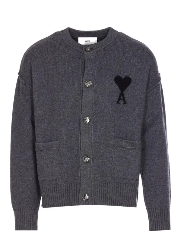 AMI Paris Crewneck Buttoned Cardigan With Embroidered De Coeur Logo - No