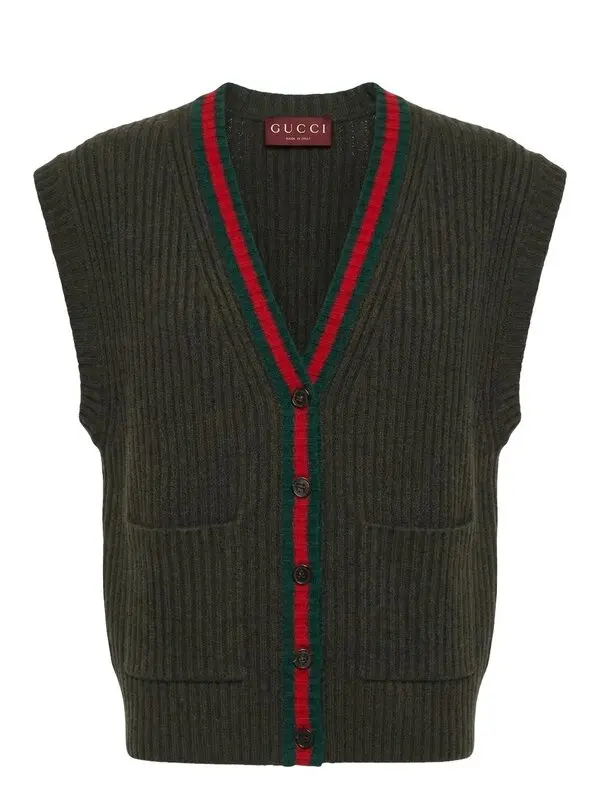Gucci Web Detailed Ribbed Cardigan Vest - Black