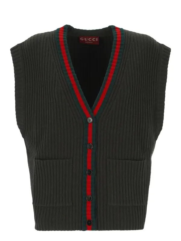 Gucci Web Detailed Ribbed Cardigan Vest - Black