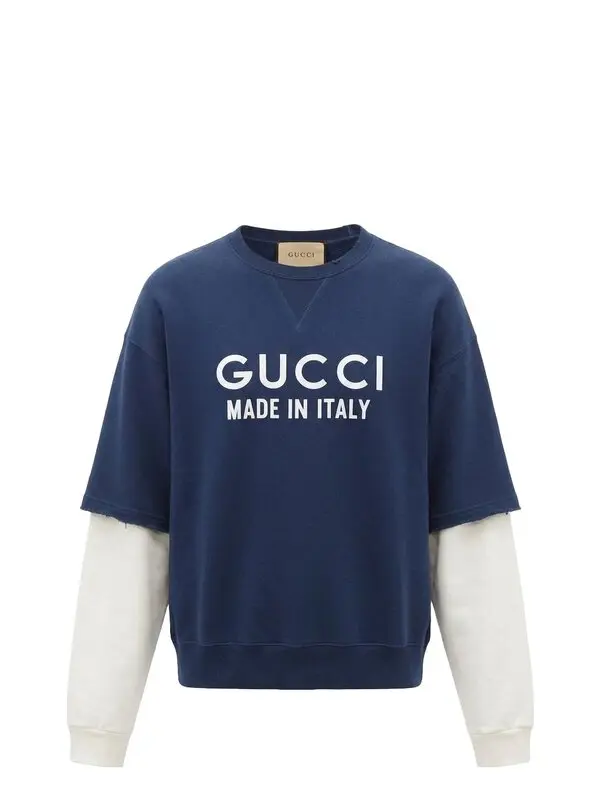 Gucci Logo Print Layered Cotton Sweatshirt - Dark Blue/off-white