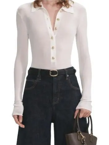 SELF-PORTRAIT Knitted Long Sleeve Polo Top - White