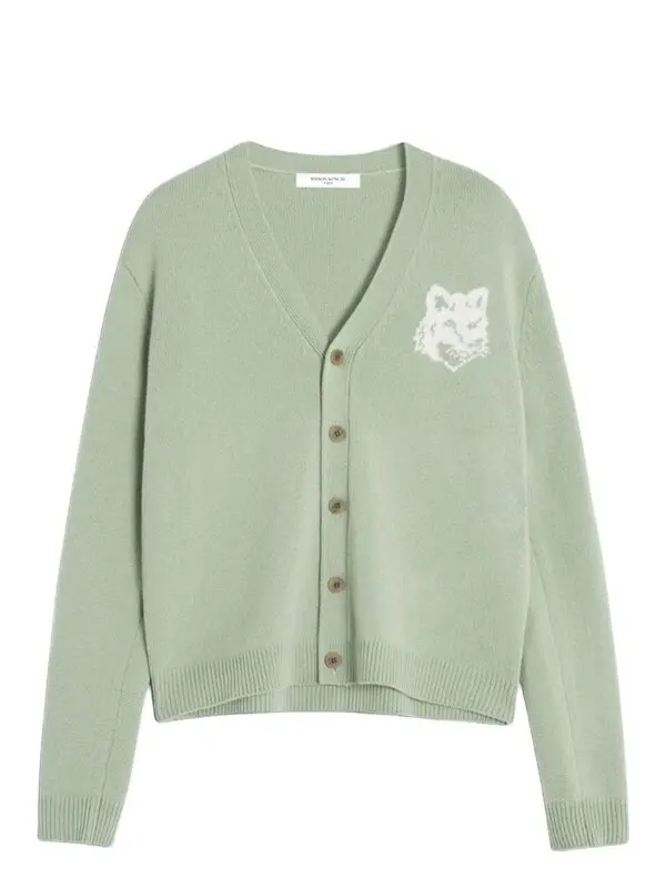 Maison Kitsuné Long Sleeve V-neck Cardigan With Fox Head Intarsia - Sage Green/light Brown
