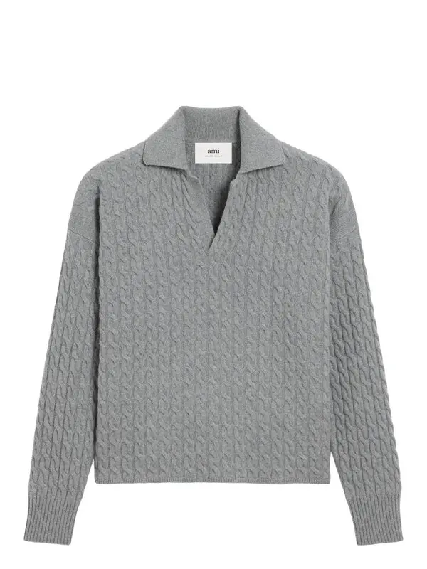 Ami Cable Knit Wool And Cashmere Polo - Grey