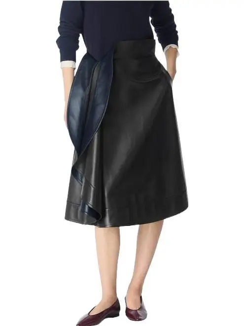 Bottega Veneta Leather A-line Skirt With Ruffle Detail - Black/navy Blue