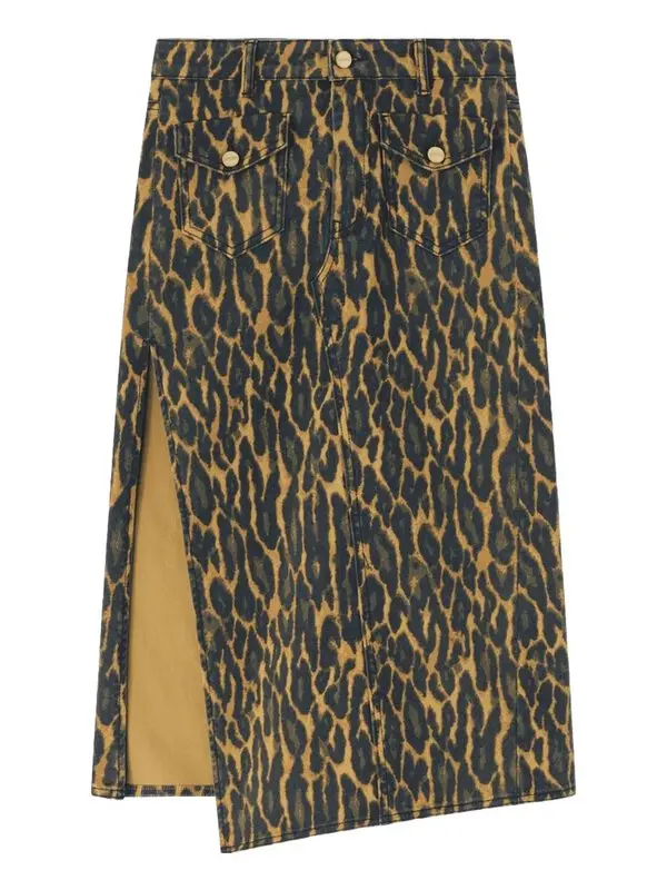 GANNI Leopard Print Denim Midi Skirt - Khaki