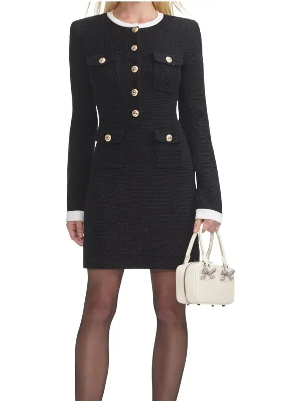 SELF-PORTRAIT Knitted Contrast Collar Mini Dress - Black