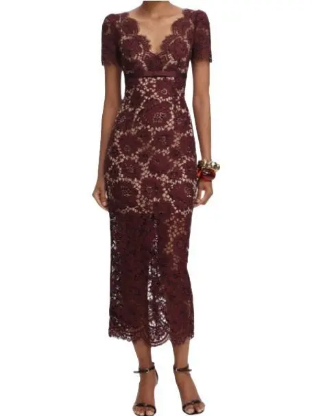 SELF-PORTRAIT Floral Lace Midi Dress - Burgundy