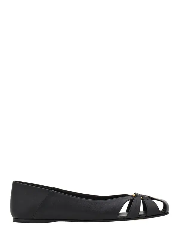 FERRAGAMO Round Toe Slip-on Flats With Gold Gancio Buckle - Black