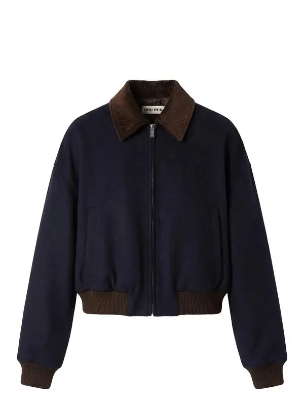 Miu Miu Navy Cropped Bomber Jacket With Brown Corduroy Collar - Blue