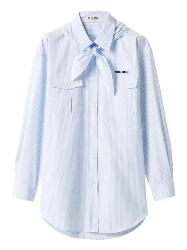 Miu Miu Striped Cotton Poplin Shirt With Embroidered Logo And Tie Detail - Blue
