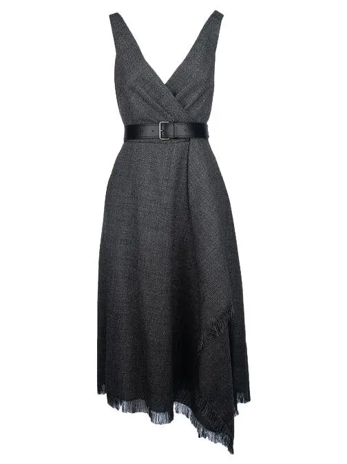 Dior Sleeveless V-neck Belted Fringed Dress - Black