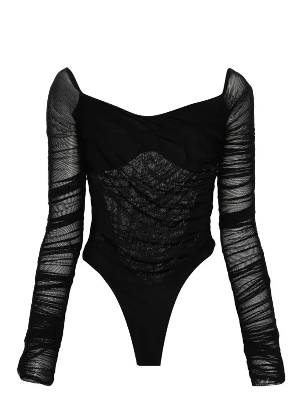 MUGLER Ruched Tulle Bodysuit - Black