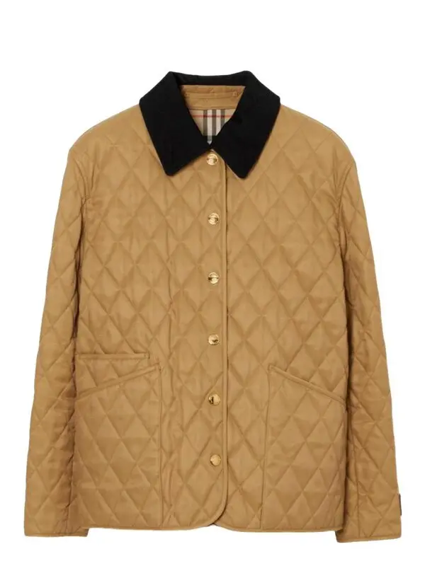 Burberry Diamond Quilted Button-up Jacket With Corduroy Collar - Camel