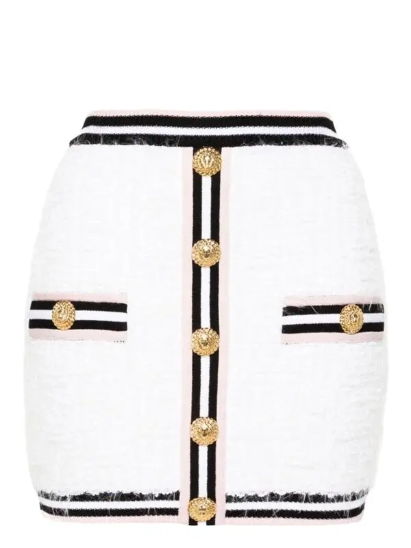 Balmain Monogram Knit Mini Skirt With Decorative Gold Buttons - No