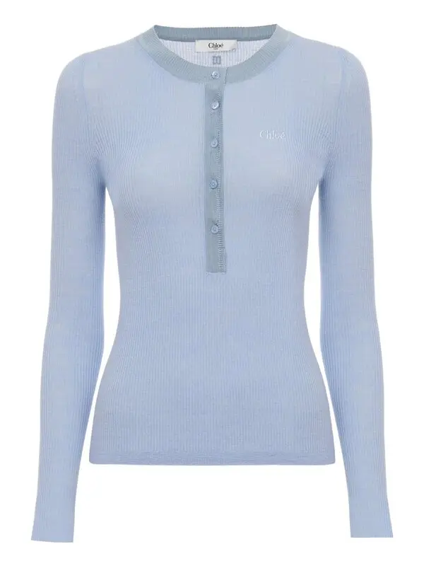 Chloé Ribbed Henley Shirt With Logo Detail - Blue