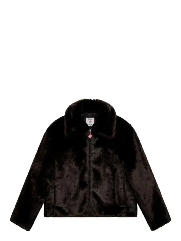 Casablanca Faux Fur Zip-up Jacket With Iconic Diamond Logo Detail - Black
