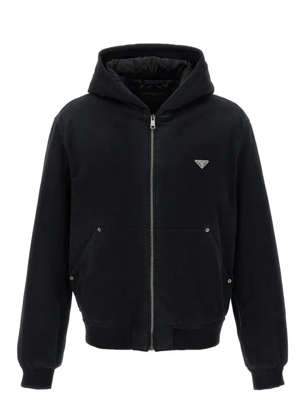 Prada Logo Plaque Zip-up Hooded Jacket - Black