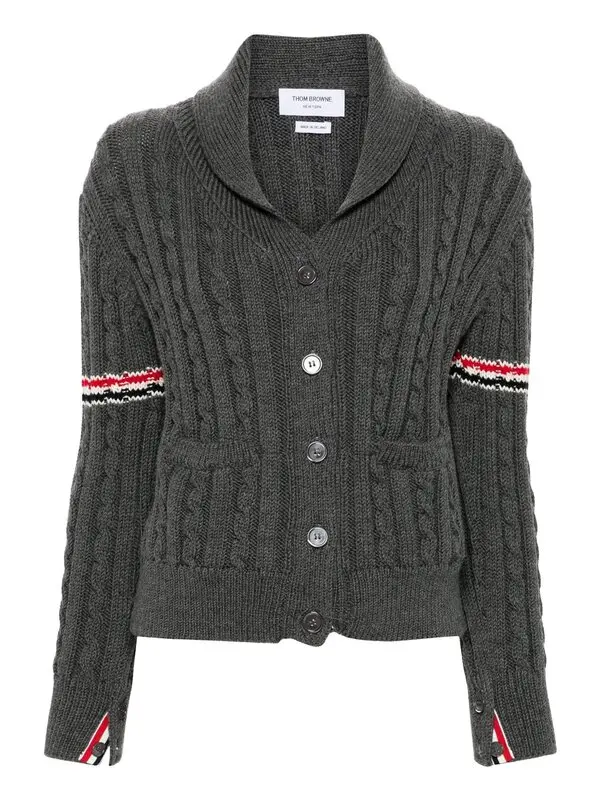 Thom Browne Rwb-stripe Cable-knit Cardigan - Medium Gray