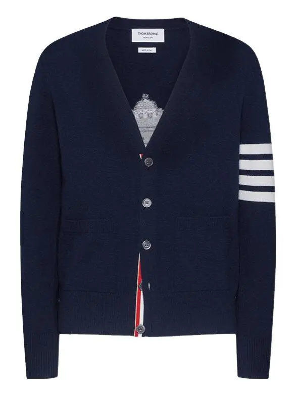 Thom Browne 4-bar V-neck Cardigan With Graphic Detail - Navy Blue