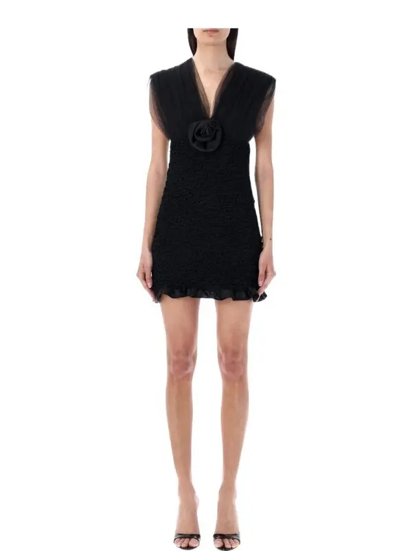 Alessandra Rich V-neck Mini Dress With Floral Appliqu - Black