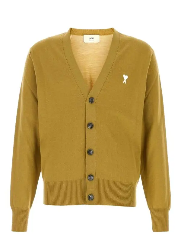 Ami V-neck Cardigan With Ribbed Details - Brown