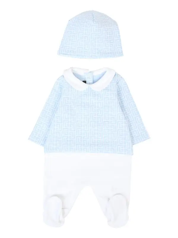Balmain Geometric Patterned Babygrow With Hood - White