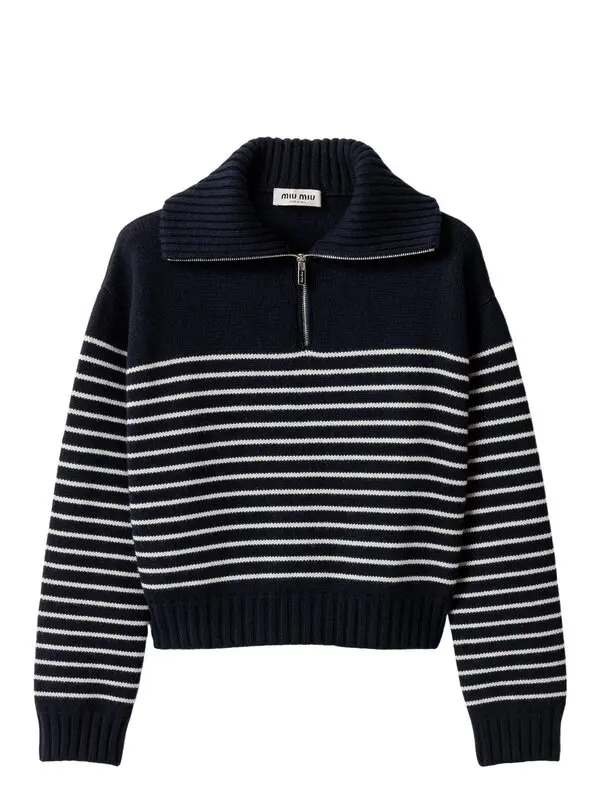 Miu Miu Striped Cashmere Zip-up Sweater - Black