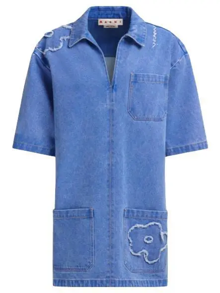 Marni Short Denim Dress With Embroidered Flower Patch - Cobalt Blue