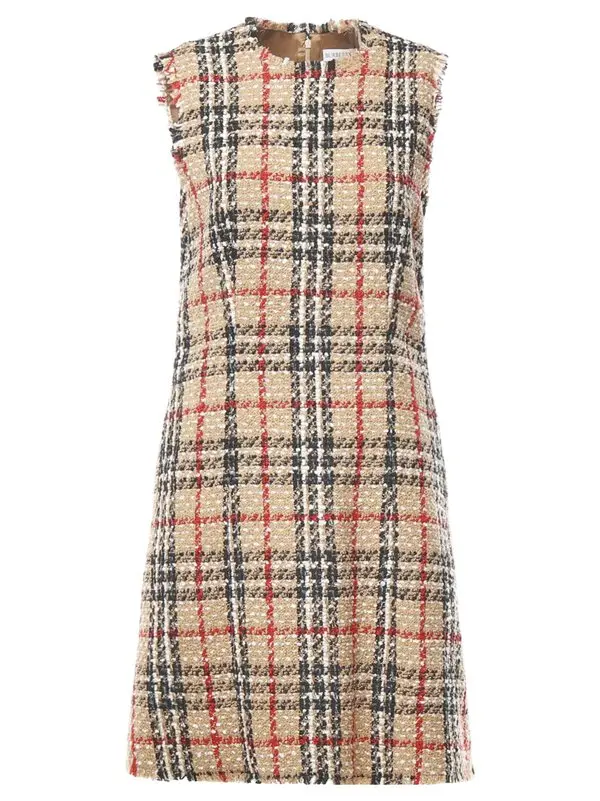 Burberry Sleeveless Checked Tweed Dress With Frayed Trim - Nude