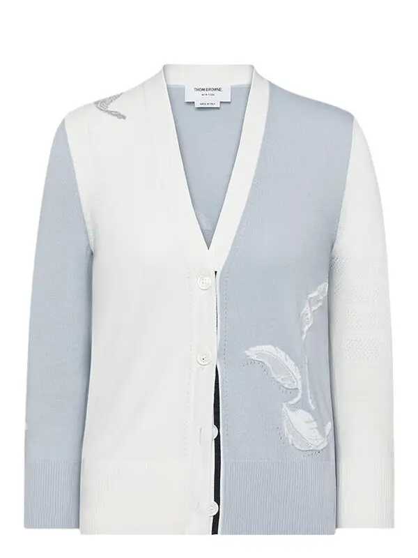 Thom Browne Feather Intarsia Pointelle Relaxed Fit V-neck Cardigan - White