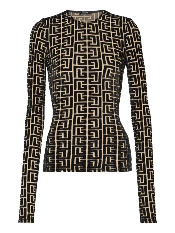 Balmain Monogrammed Velvet Long Sleeve Top - Black