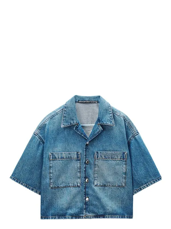 Alexander Wang Cropped Denim Shirt With Logo Pocket - Blue