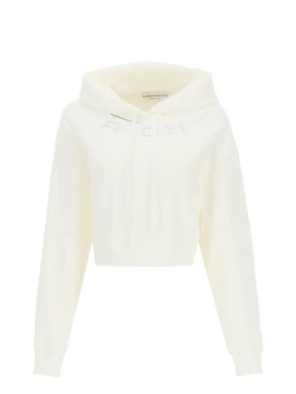 Alessandra Rich Embellished Logo Cropped Hoodie - White