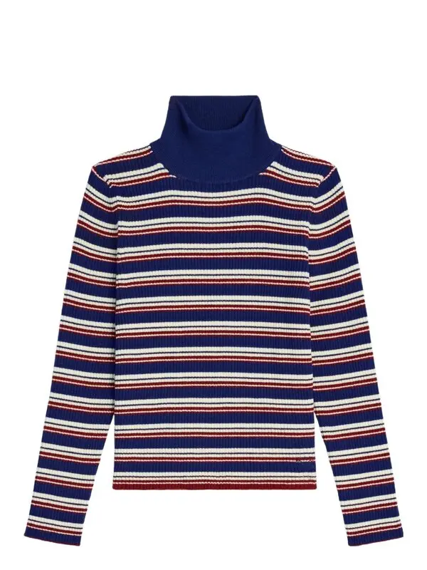 Celine Striped Ribbed Wool Turtleneck Sweater - Blue/beige/red
