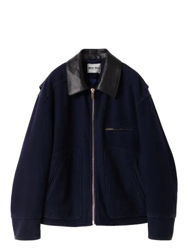Miu Miu Washed Wool Cloth Blouson Jacket With Leather Collar - Navy