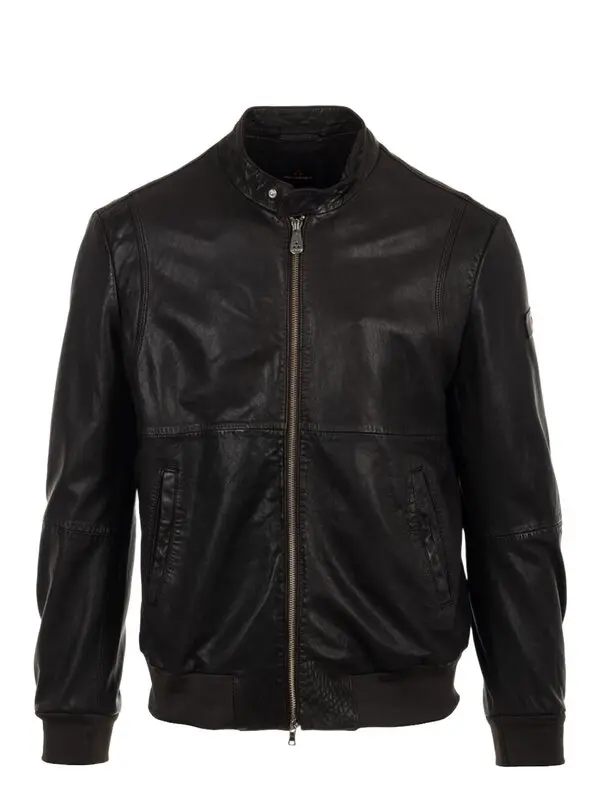 Peuterey Leather Bomber Jacket With Stand Collar - Black