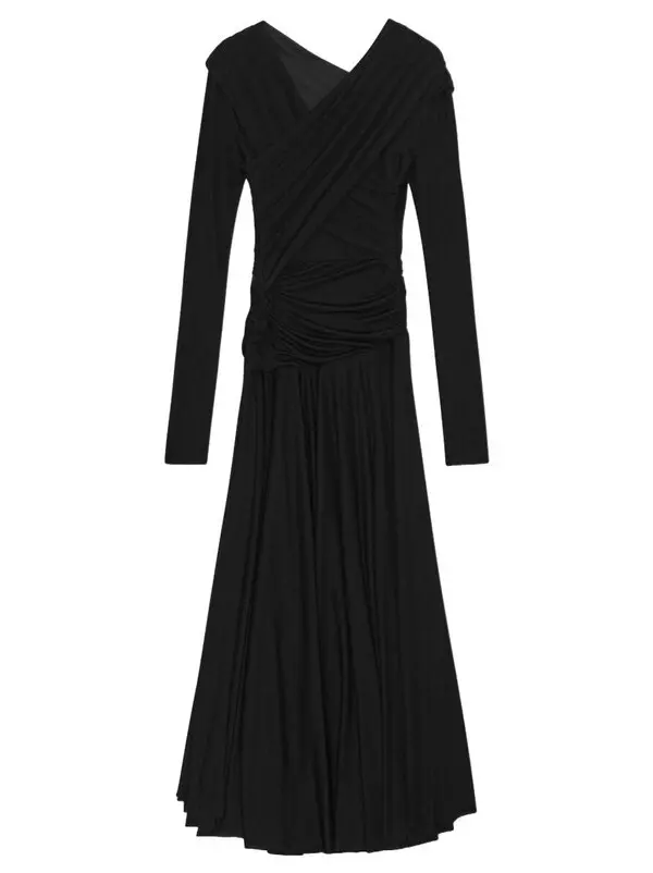 GANNI Asymmetrical Neckline Ruched Long Sleeve Maxi Dress - Black