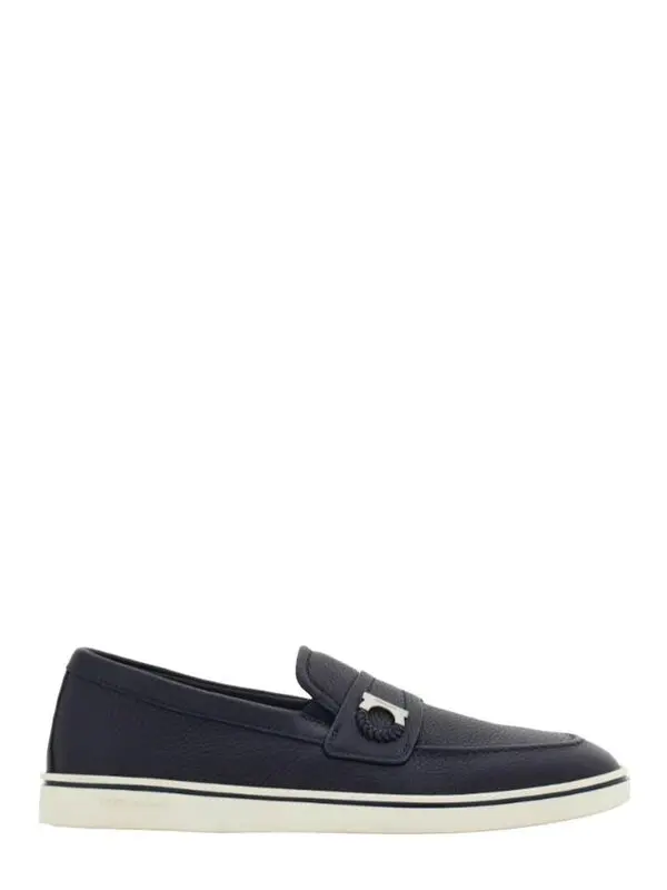 FERRAGAMO Boat Shoe Loafer With Gancini Detail - Navy Blue