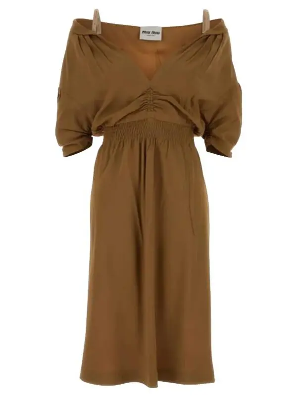 Miu Miu V-neck Midi Dress With Short Sleeves - Camel Brown
