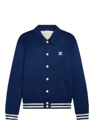 Celine Teddy Jacket In Double Face Jersey With Triomphe Embroidery - Navy Blue/off-white