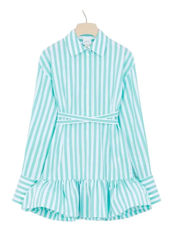 PATOU Striped Collared Long-sleeve Shirt With Ruffled Hem - Blue