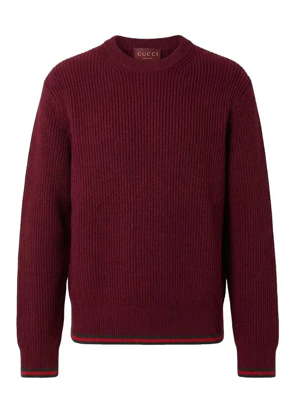 Gucci Ribbed Mock Neck Sweater With Webbing Trim - Wine Red